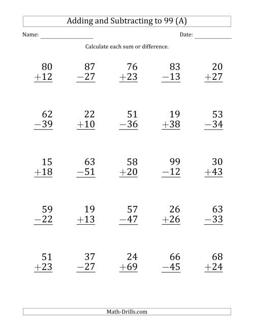 Large Print Adding and Subtracting 2-Digit Numbers with Sums and ...