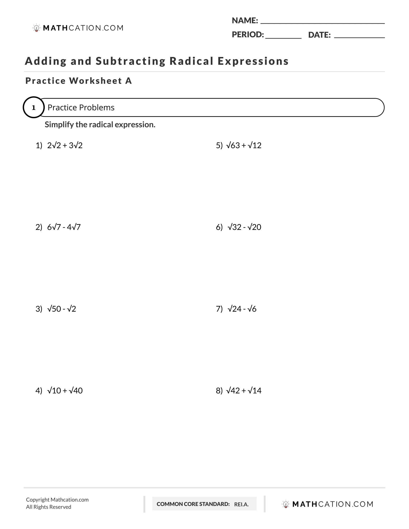 Adding And Subtracting Radical Expressions Worksheet Examples