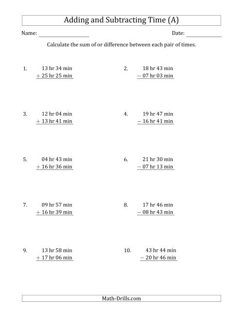 Adding And Subtracting Hours And Minutes Long Format A Worksheets