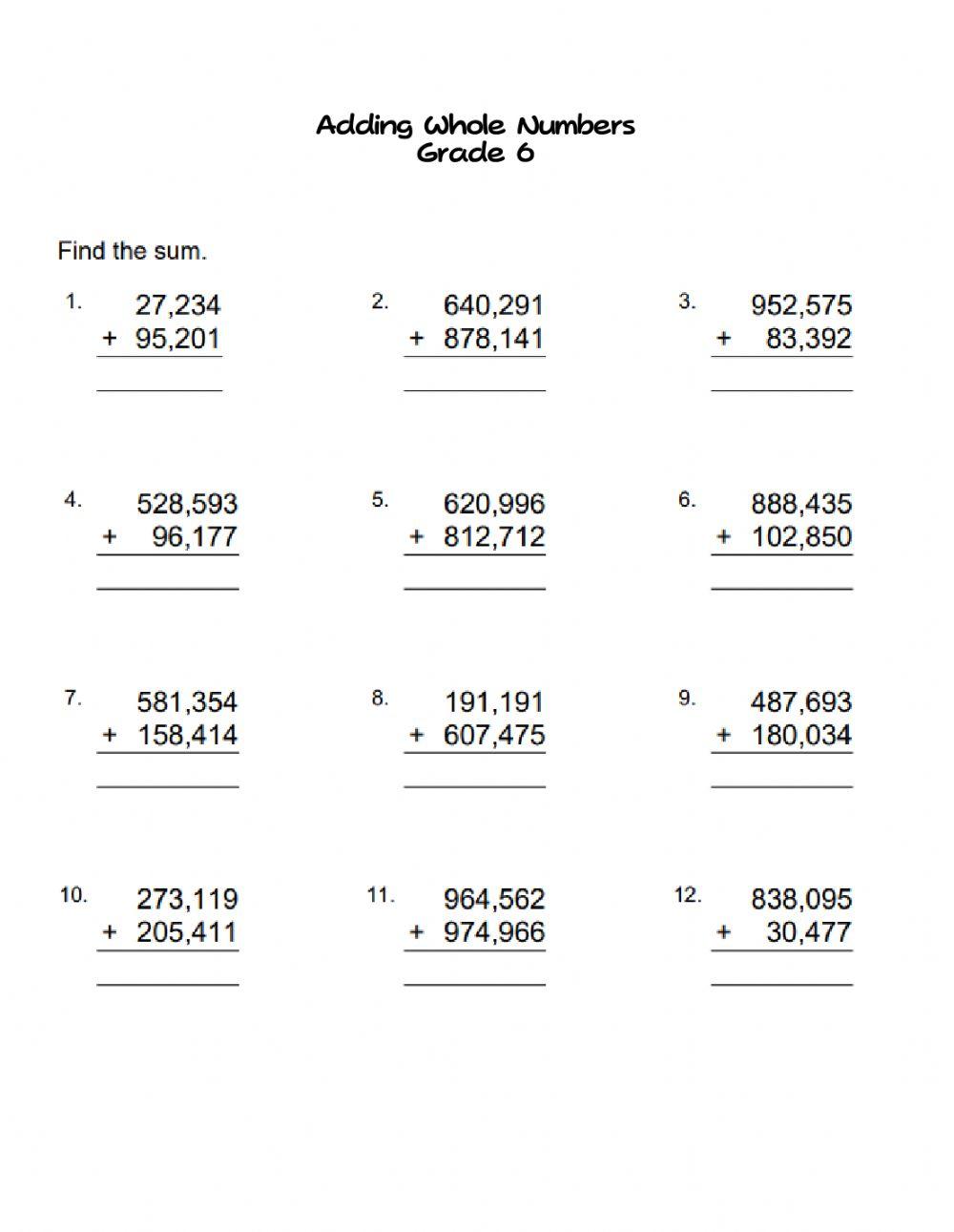 Adding Whole Numbers Grade 6 Worksheet Live Worksheets Worksheets Adding Whole Numbers Grade 6 Worksheet Live Worksheets Worksheets