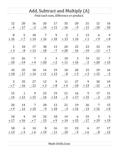 Adding, Subtracting and Multiplying with Facts From 1 to 20 (A) - Worksheets Library