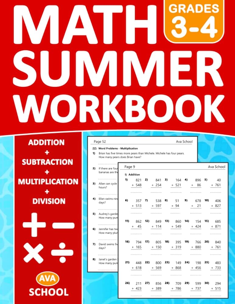Summer Math Workbook For Grades 3-4 Addition, Subtraction, Multiplication, Division, Long ...