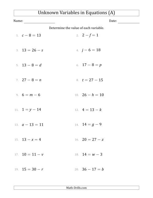 Unknown Variables In Equations Subtraction Range 1 To 20 Any Worksheets Library