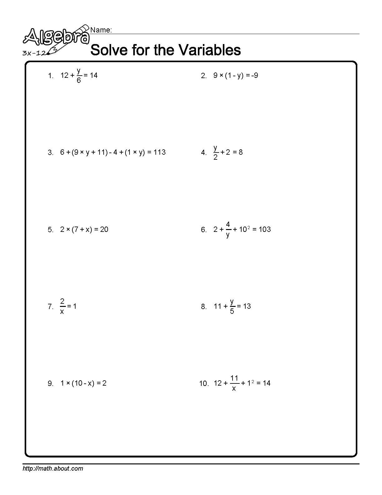 Solve For The Variables Worksheet 1 Of 10 Worksheets Library