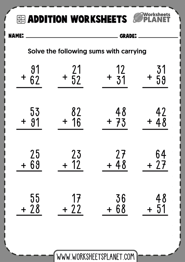 Grade 2 Addition with Carry Over Worksheet | Practice Sheets for Kids