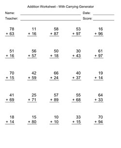 Grade 2 Addition with Carry Over Worksheet | Practice Sheets for Kids