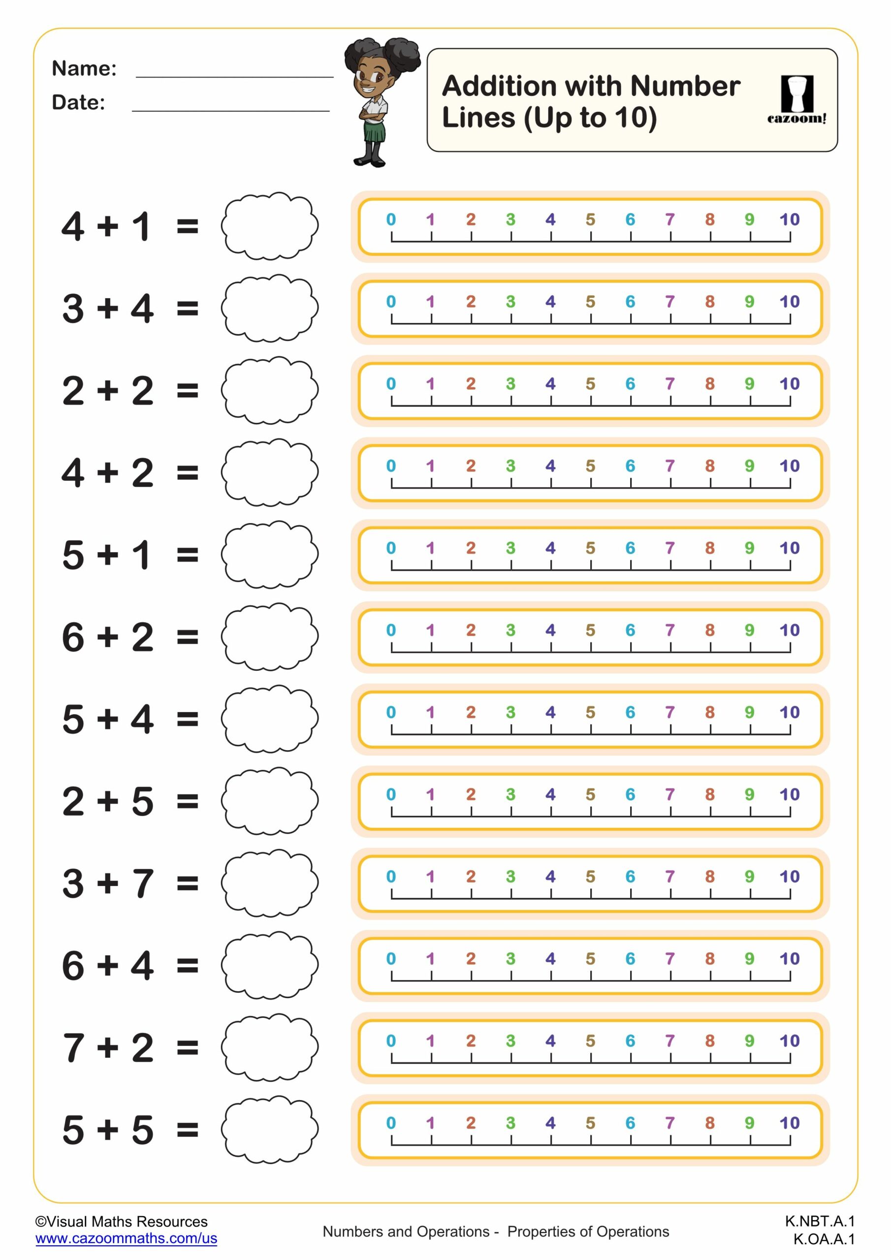 Addition with Number Lines (up to 10) | K Grade PDF Addition ...