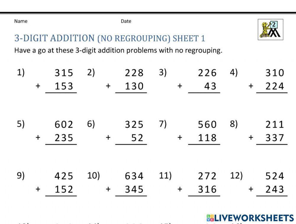 Three Digit Addition Without Regrouping Worksheet Live Worksheets