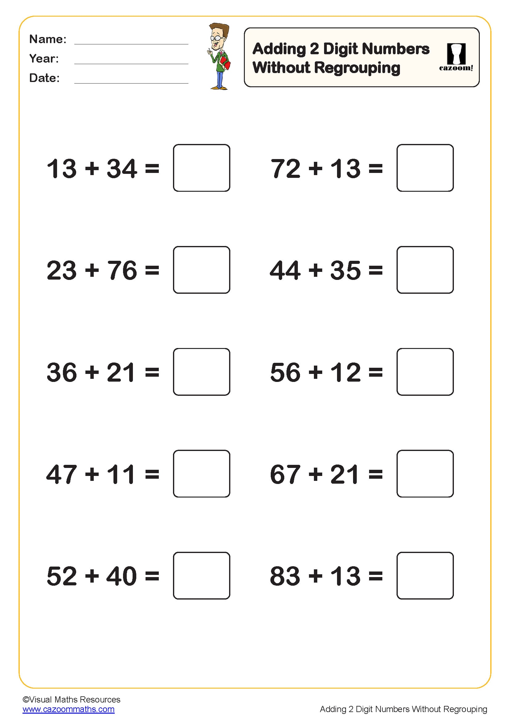 Adding 2 Digit Numbers Without Regrouping Worksheet 10 Questions Worksheets Library