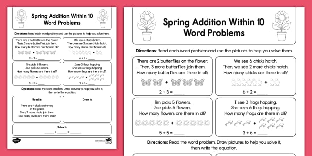 Kindergarten Spring Addition Within 10 Word Problems Activity ...
