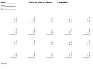 1 Digit Addition Worksheets - Vertical Format 3 Addends - Addition ...