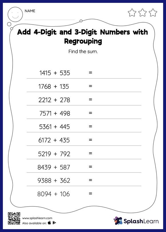 Add 4 Digit And 3 Digit Numbers With Regrouping Horizontal
