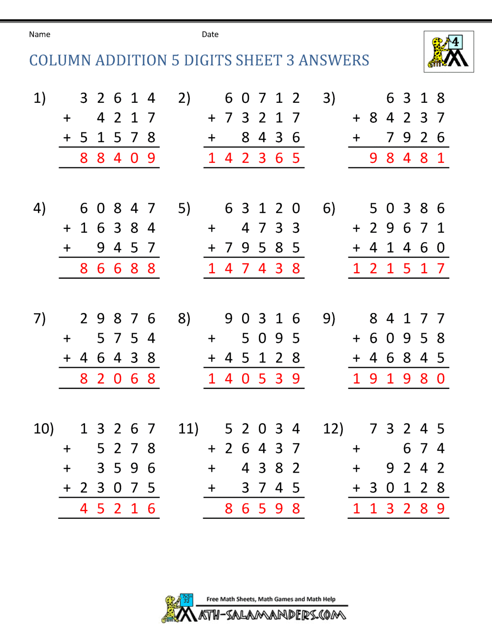 5-Digit Addition Multi-Addends Sheet 3 Answers | Addition ...