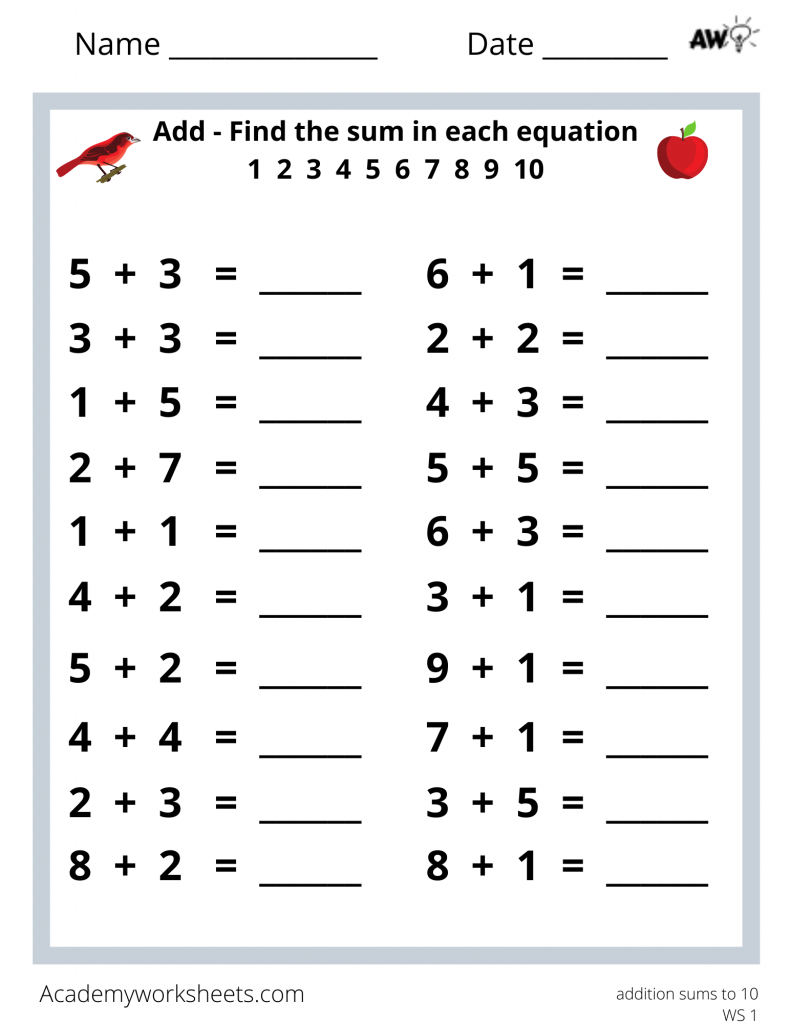 Addition Sums to 10 - Academy Worksheets - Worksheets Library