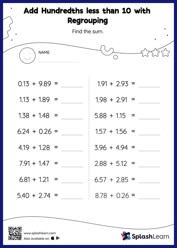 Add Hundredths Less Than 10 With Regrouping Horizontal Addition