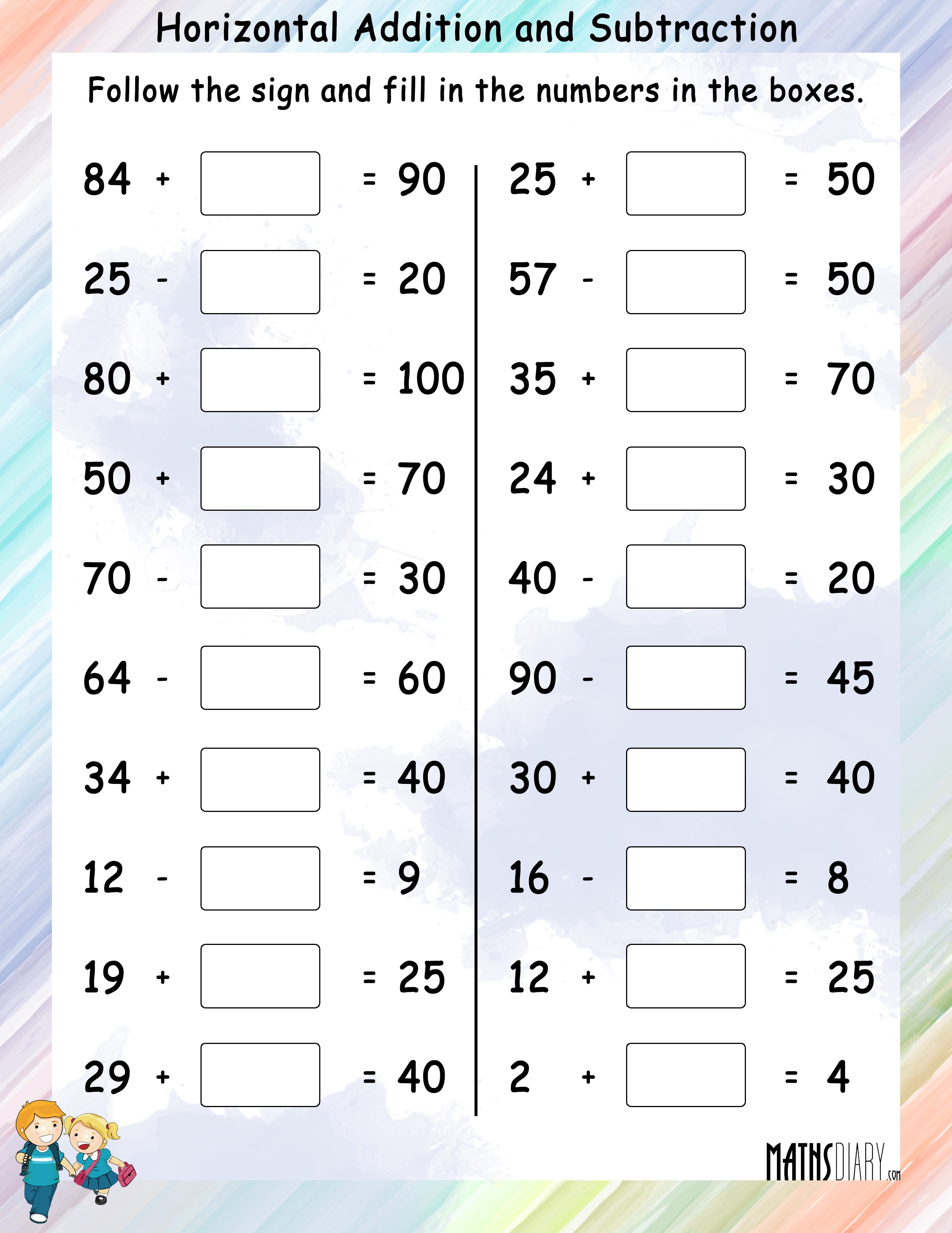 Horizontal Addition and Subtraction - Math Worksheets - MathsDiary.com ...