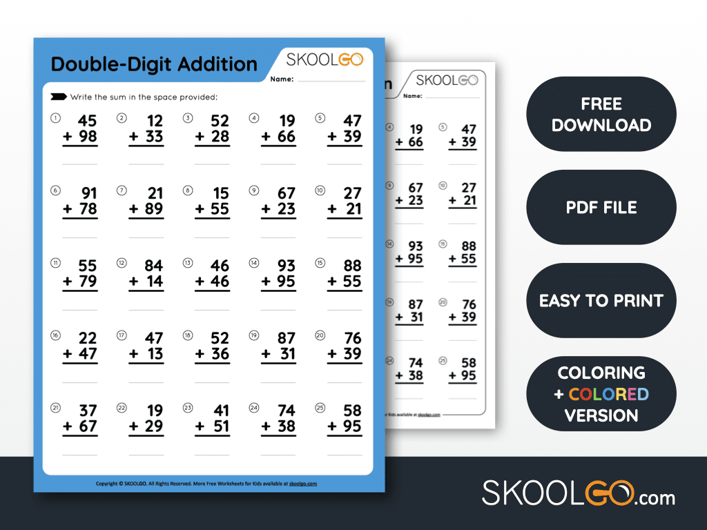 Free Two-Digit Addition Printable Worksheets - SKOOLGO - Worksheets Library