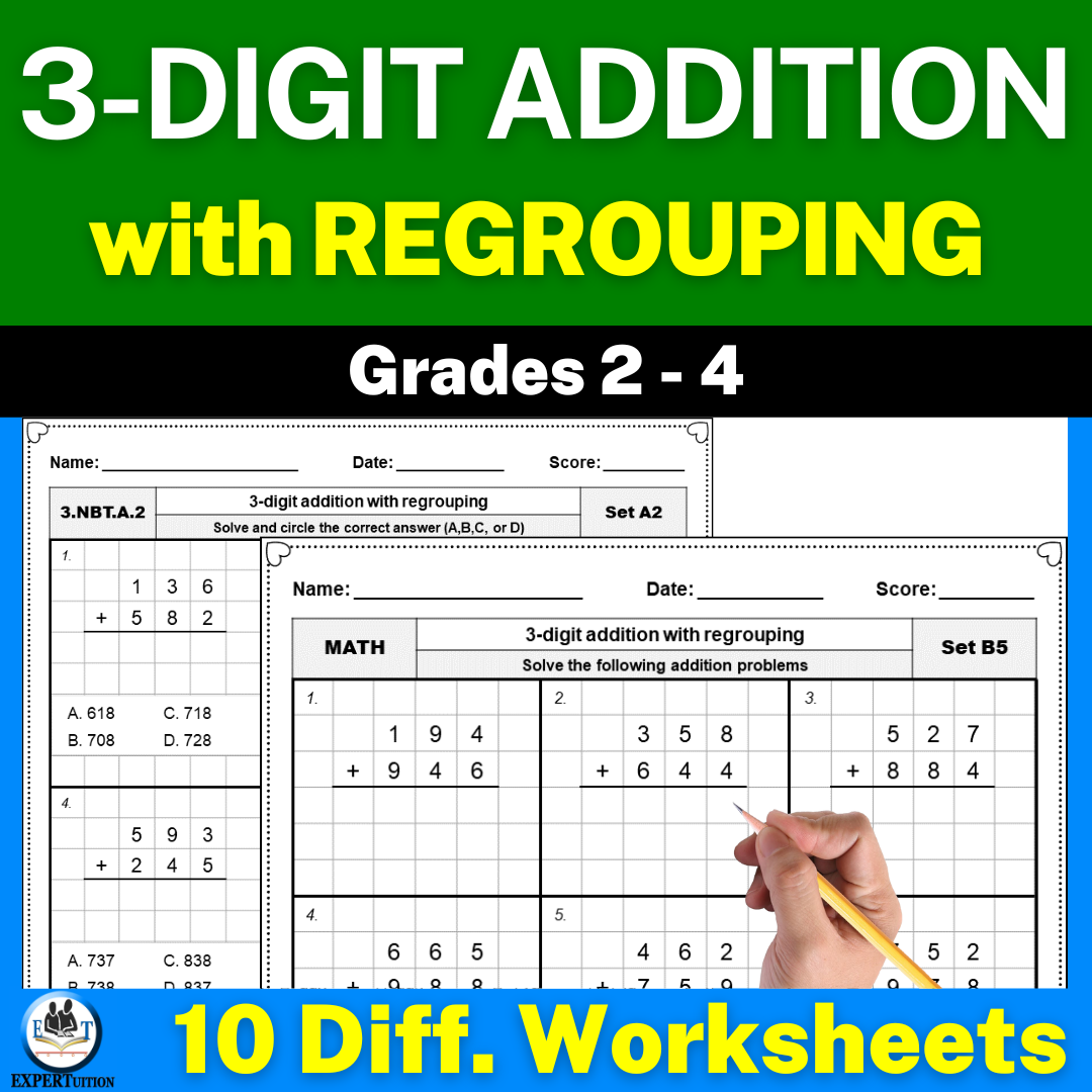 3-Digit Addition With Regrouping Worksheets - ExperTuition - Worksheets ...
