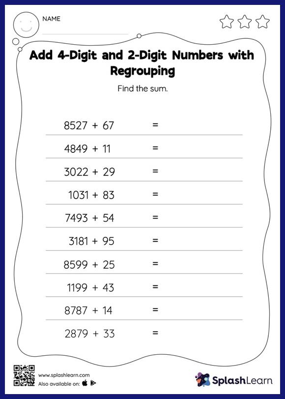 Add 4-Digit and 2-Digit Numbers with Regrouping: Horizontal ...