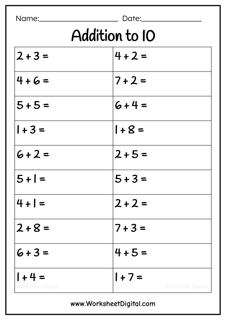 Addition up to 10 Worksheets (First Grade, printable) - Worksheets Library