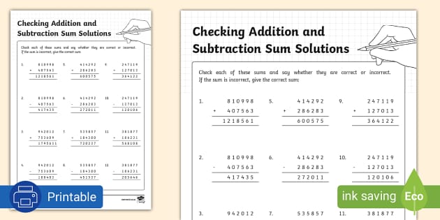 Checking Addition and Subtraction Sum Solutions Activity Sheet ...