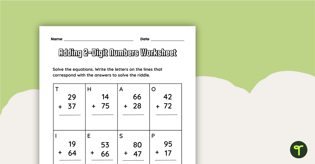 Adding 2 Digit Numbers Worksheet Teach Starter Worksheets Library