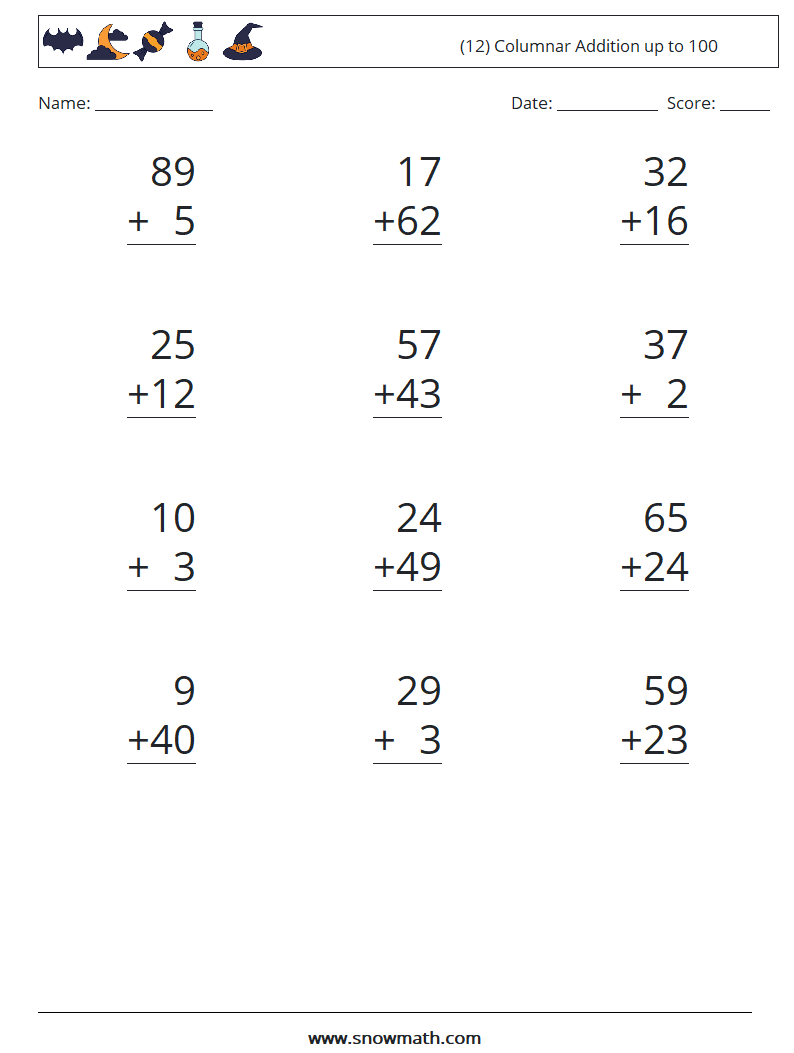 50) addition up to 100 (horizontal) Math Worksheets, Math Practice ...
