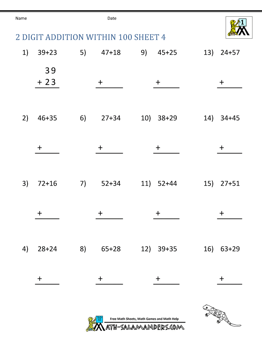 50) addition up to 100 (horizontal) Math Worksheets, Math Practice ...