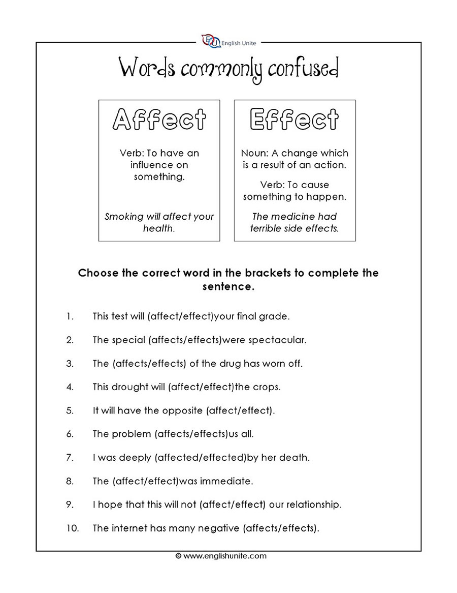 Affect Vs Effect Worksheet English Worksheet Affect Vs Effect | TPT