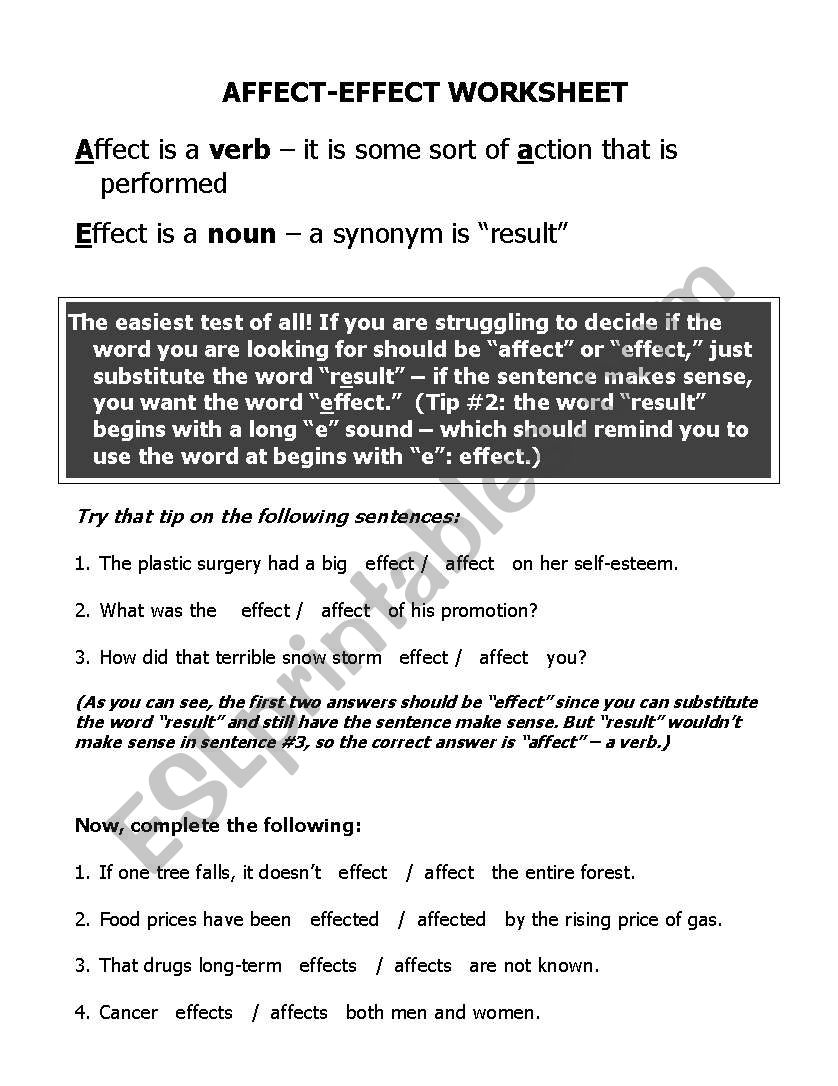 Affect Vs. Effect - ESL worksheet by k_newray - Worksheets Library