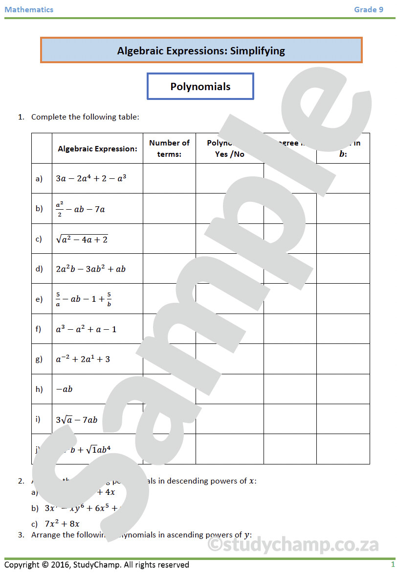 Grade 9 Mathematics Workbook: Algebraic Expressions - Worksheets Library