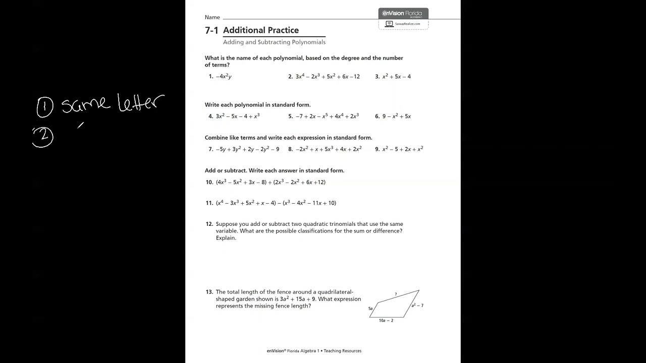 Algebra 1 7 1 Adding And Subtracting Polynomials Additional Practice