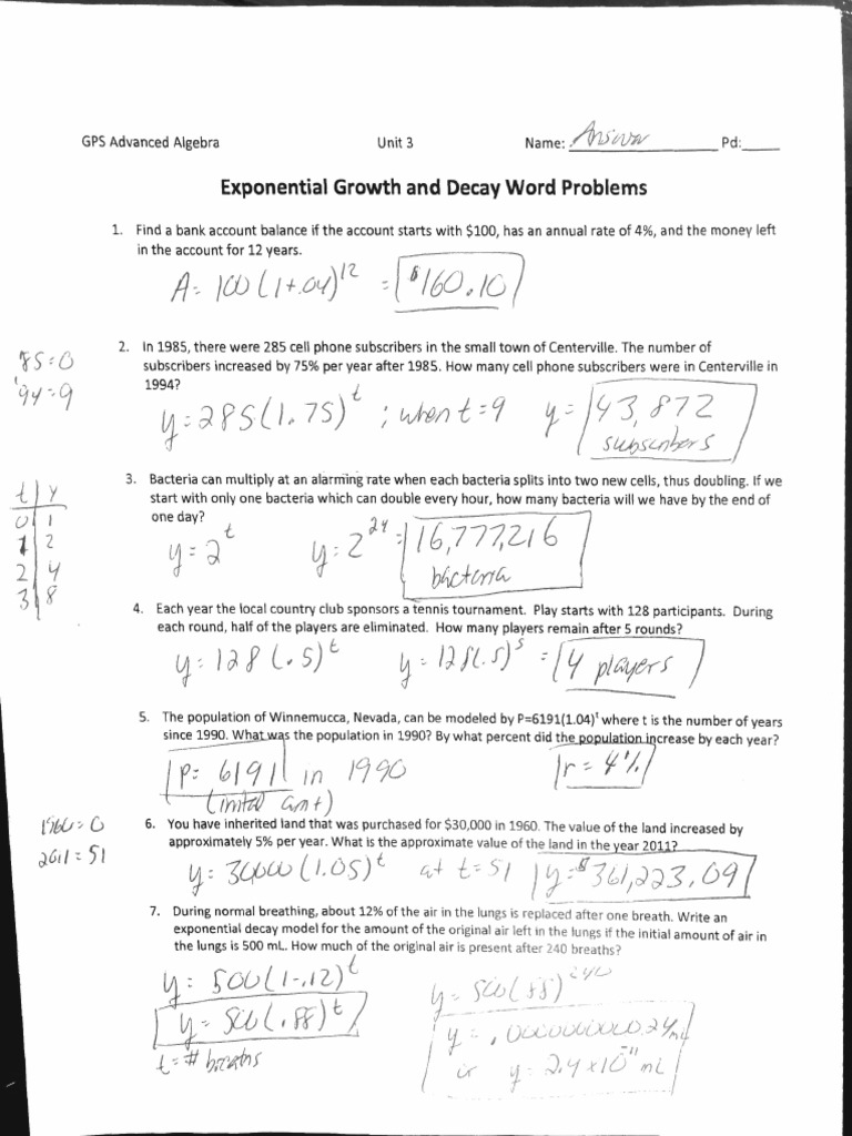 Exponential Growth And Decay Word Problems Worksheet With Answers ...
