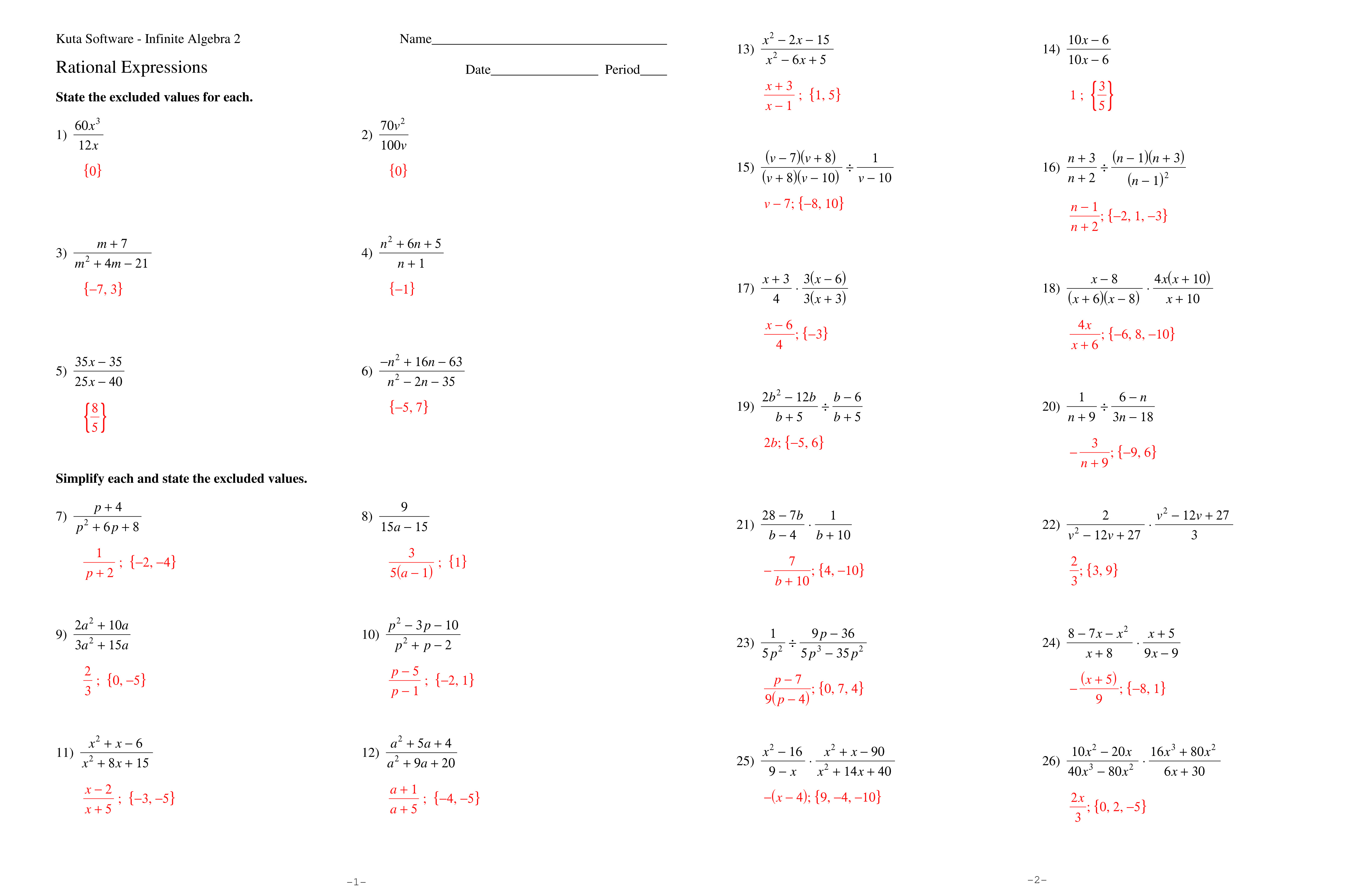 Free Algebra 2 Adding And Subtracting Rational Expressions Worksheet