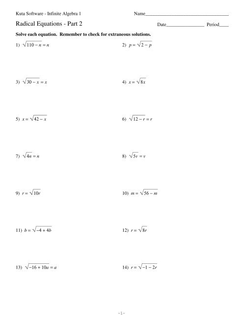Radical Equations 2 - Kuta Software - Worksheets Library