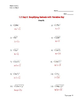 Free algebra 2 simplifying radicals with variables worksheet, Download ...