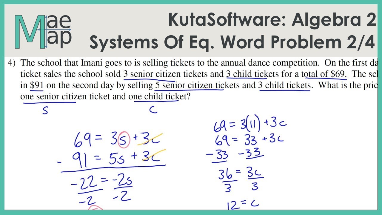 Kutasoftware Algebra 2 Systems Of Equations Word Problems Part 1
