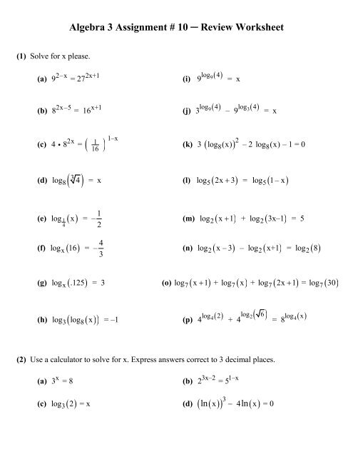 Algebra 3 Assignment # 10 Review Worksheet ... - Worksheets Library