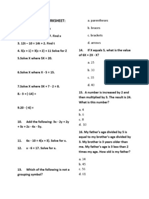 Basic Algebra Worksheet | PDF | Bracket | Mathematics - Worksheets Library