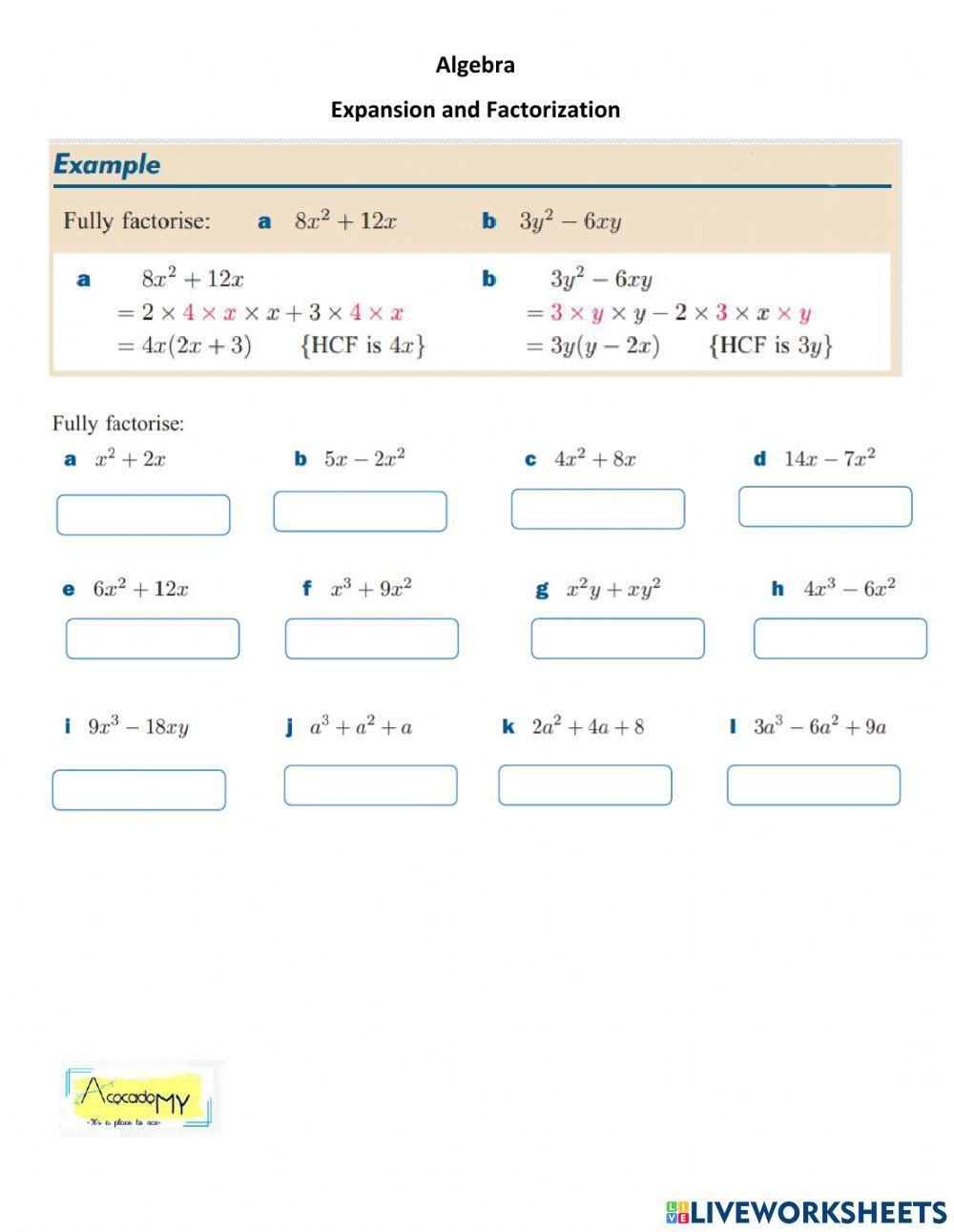 9th Grade Algebra Expansion And Factorisation Worksheet Live 9th Grade Algebra Expansion And Factorisation Worksheet Live