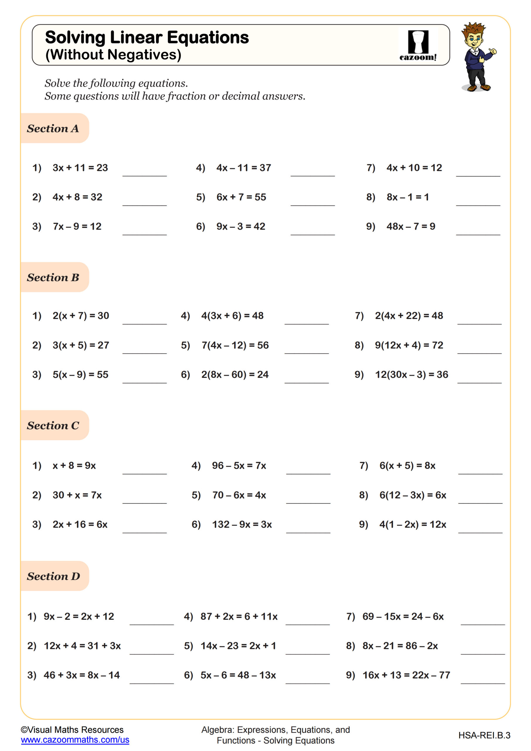 Solving Linear Equations (Without Negatives) Worksheet | Fun and ...