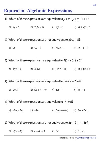 Algebraic Expressions Worksheets Evaluating One Variable ...