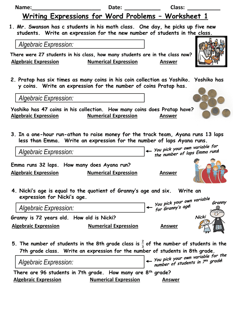 Writing Algebraic Expressions From Word Problems Worksheet With ...