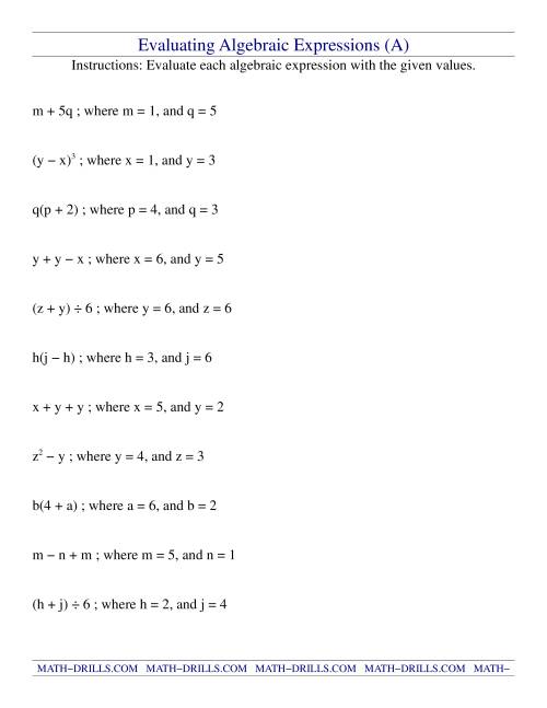 Evaluating Algebraic Expressions (A) - Worksheets Library