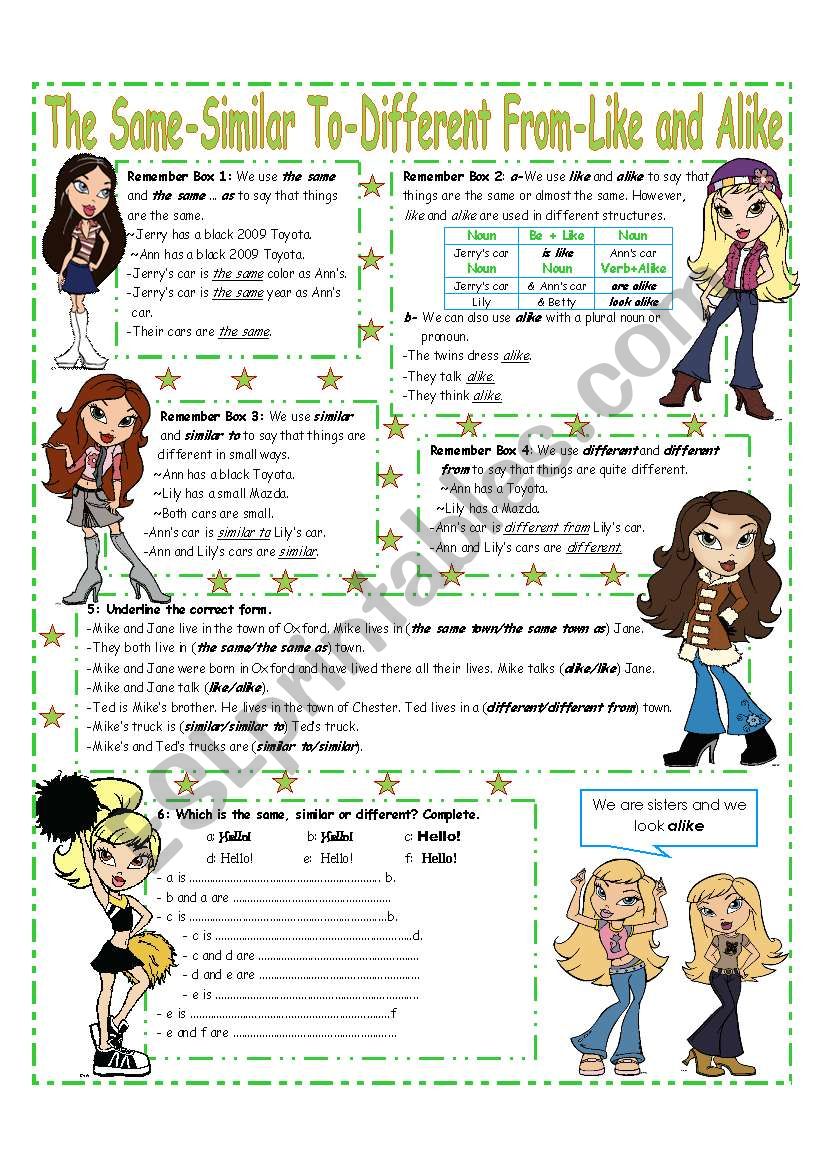 THE SAME-SIMILAR TO-DIFFERENT FROM-LIKE and ALIKE. Grammar ... - Worksheets Library