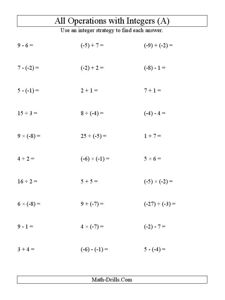 Integers All Operations | PDF | Discrete Mathematics | Teaching ... - Worksheets Library