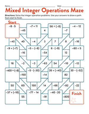 Mixed Integer Operations Maze | Worksheet | Education.com - Worksheets Library