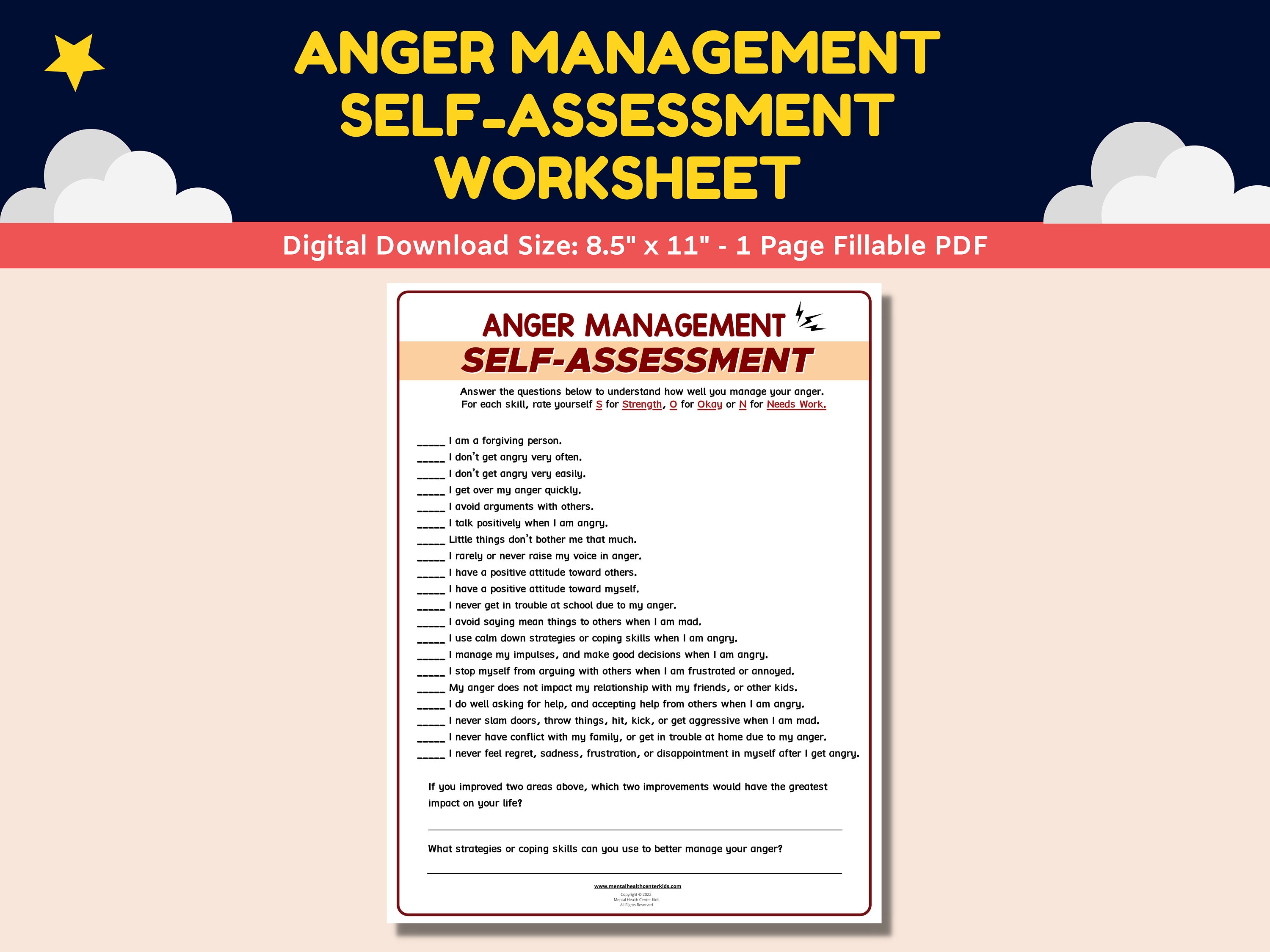 Anger Management Self-assessment Worksheet Kids Teens Adolescents ...
