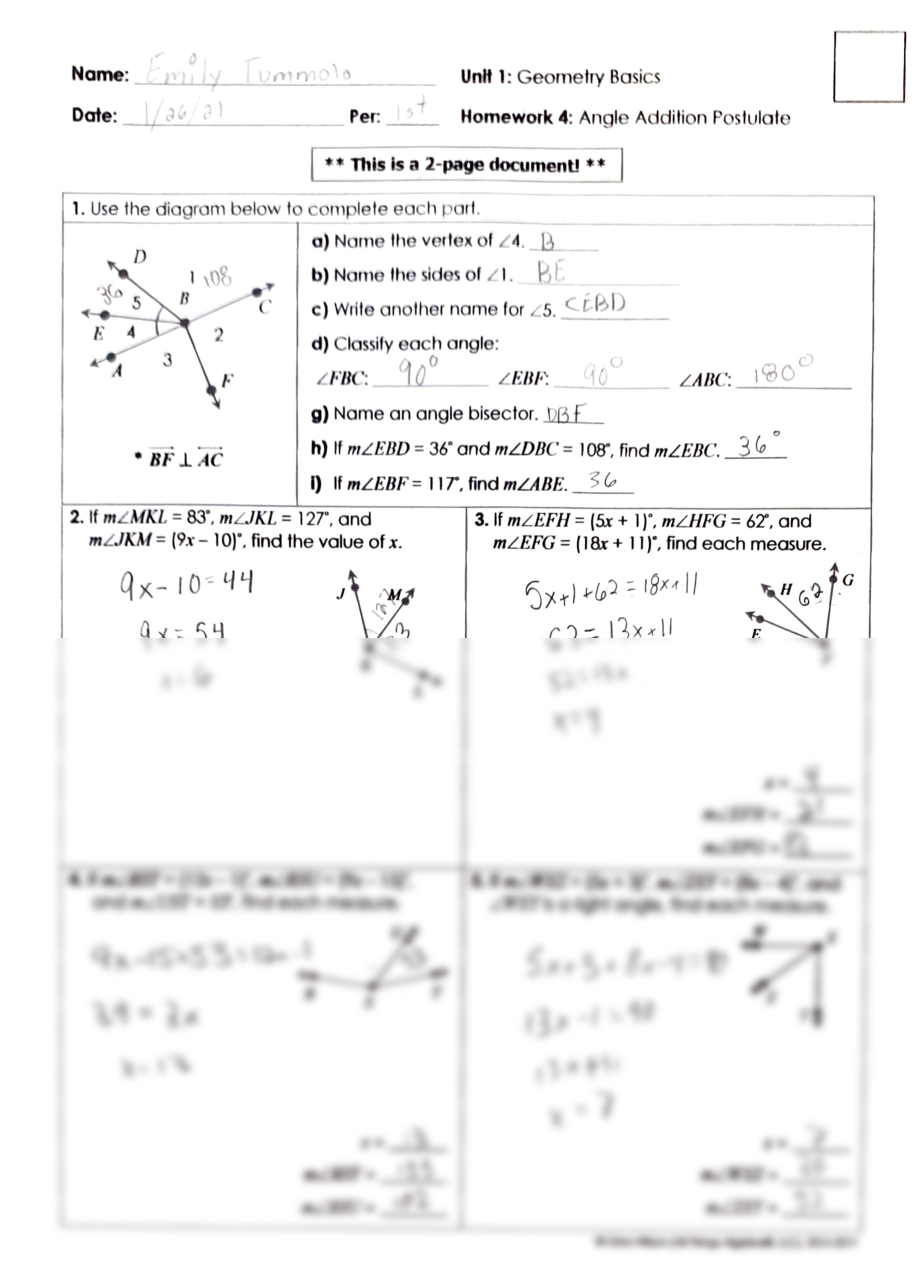 SOLUTION: Unit 1 Angle Addition Postulate Geometry Basics ... - Worksheets Library
