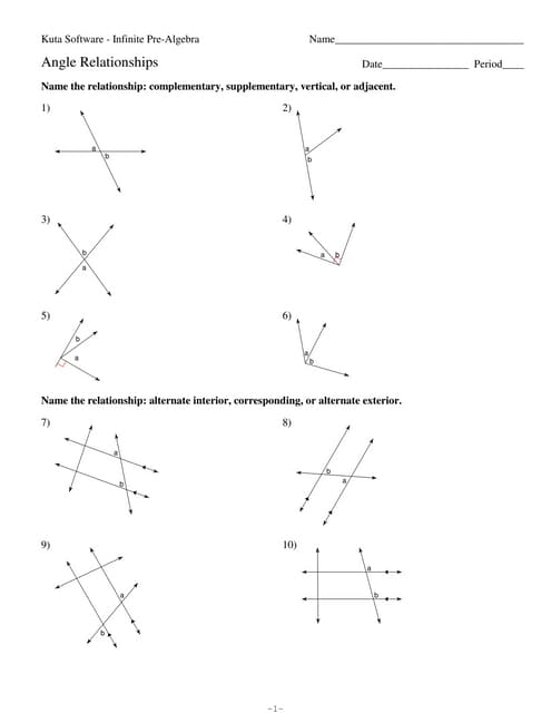 Angle Relationships Worksheet for 10th Grade | Lesson Planet ...
